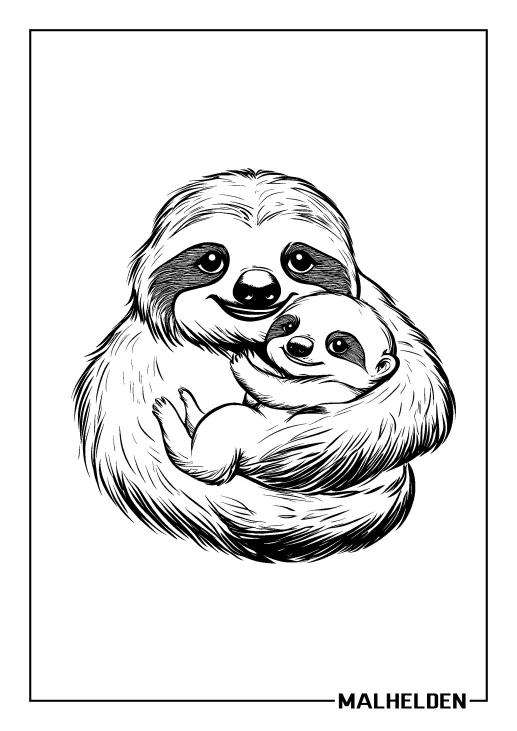Ausmalbild Liebevolles Faultier mit Baby | kostenlose PDF